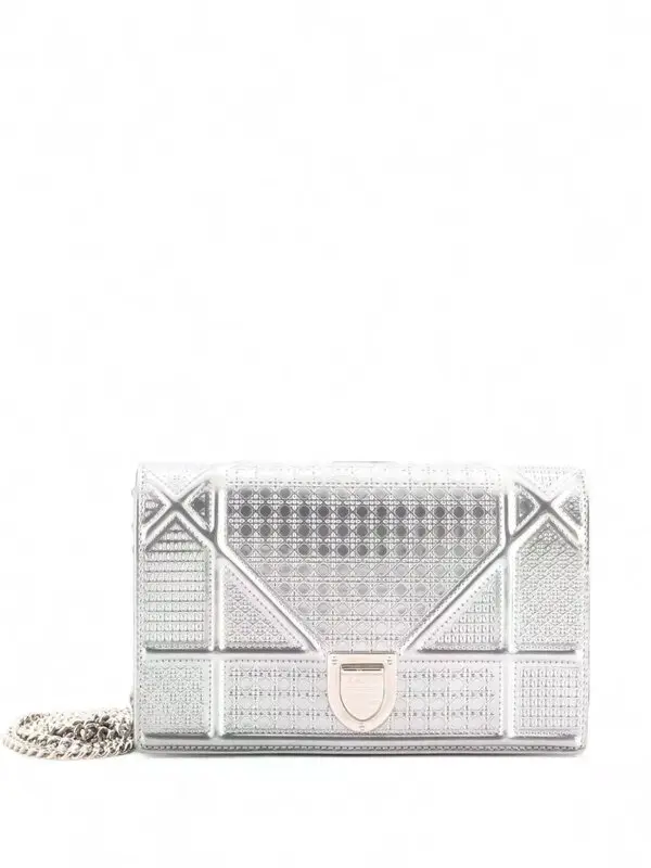 Dior Diorama Wallet On Chain Cannage Embossed Calfskin Clutch Bag - Silver