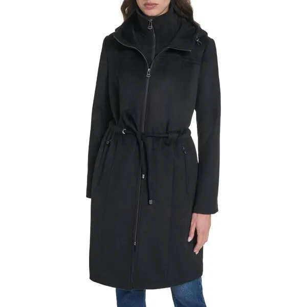 Cole Haan Hooded Wool Blend Zip Up Coat - Black