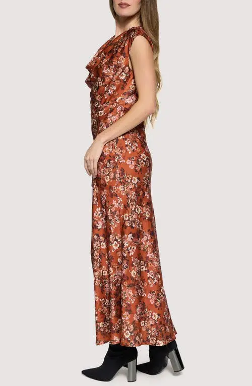 LOST + WANDER Bouquet Cowl Neck Satin Maxi Dress