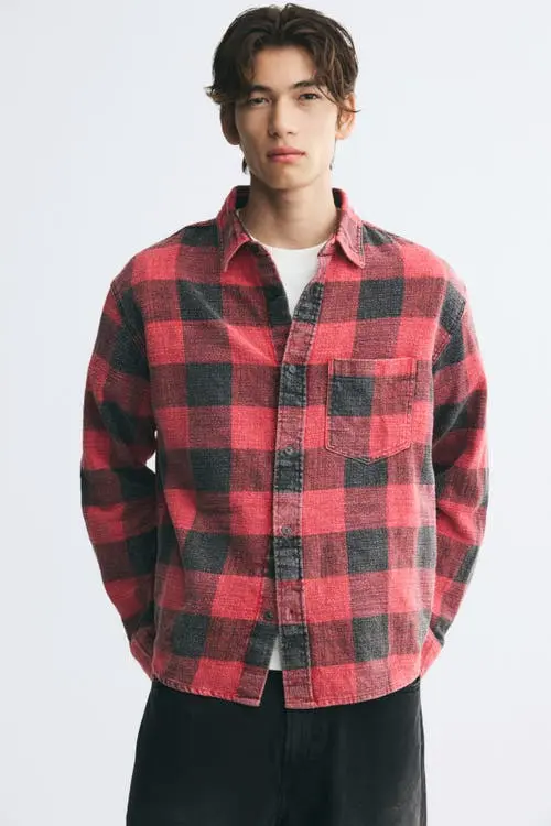 H&M Relaxed-fit Cotton Shirt - Red/plaid
