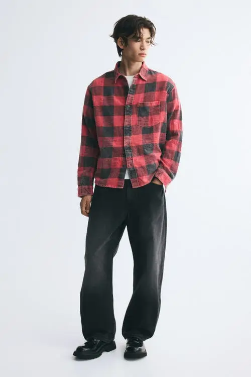 H&M Relaxed-fit Cotton Shirt - Red/plaid