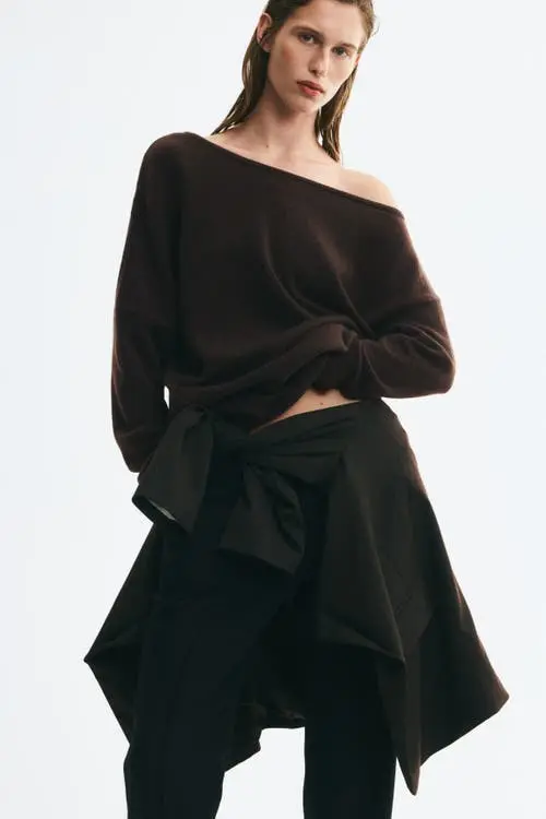 H&M Fine-knit One-shoulder Sweater - Dark Brown