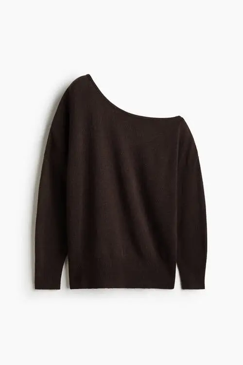 H&M Fine-knit One-shoulder Sweater - Dark Brown