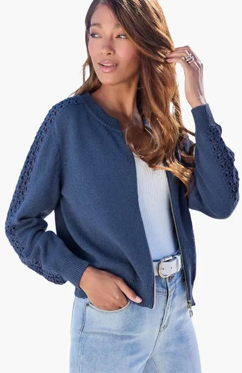 LASCANA Crochet Bomber Jacket - Navy