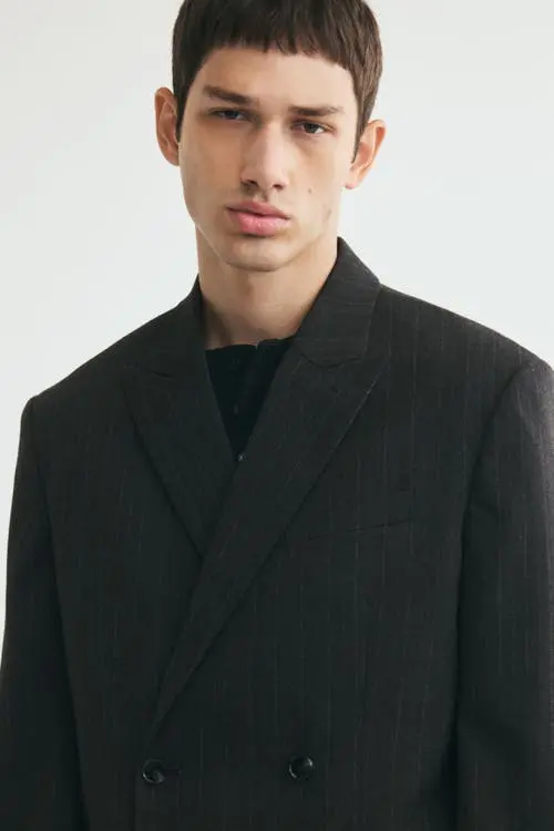 H&M Relaxed-fit Double-breasted Jacket - Black/pinstriped