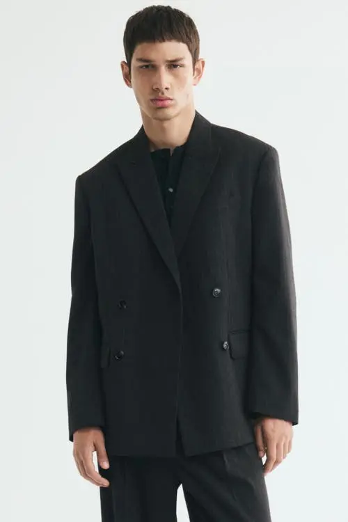 H&M Relaxed-fit Double-breasted Jacket - Black/pinstriped