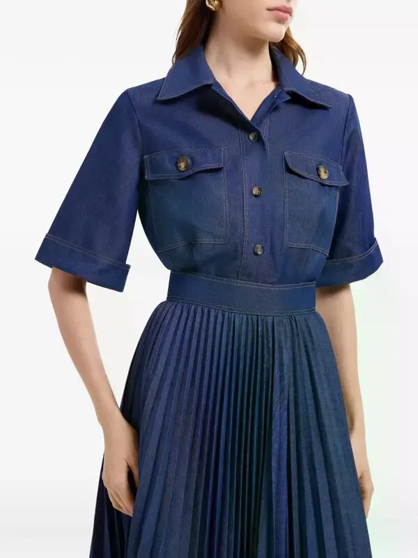 Elie Saab Pleated Denim Midi Dress