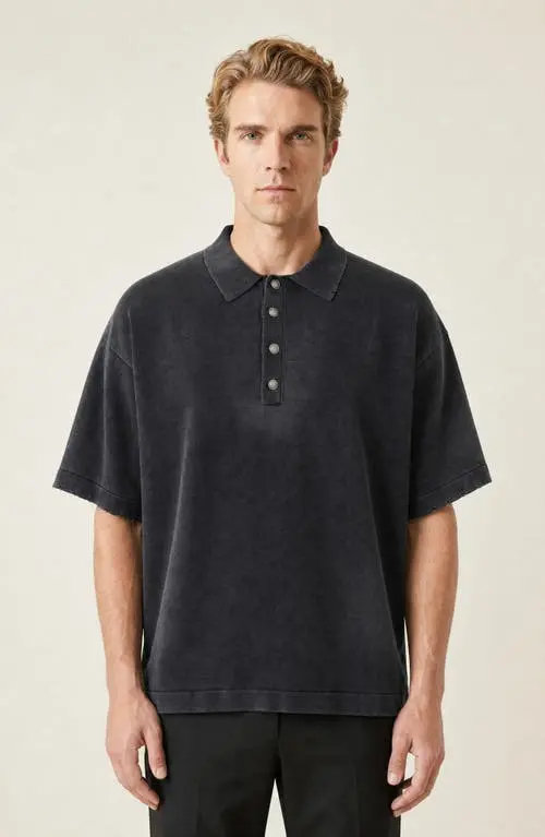 MODENAIRE Washed Short Sleeve Snap Button Polo Shirt