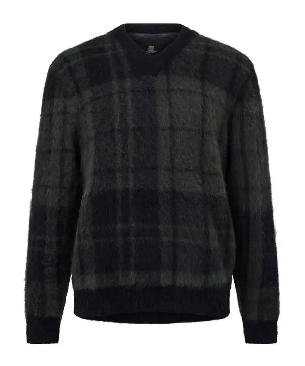 Barbour V-neck Plaid Fuzzy Knit Sweater
