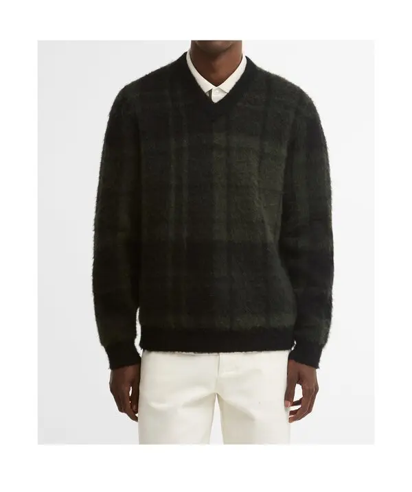 Barbour V-neck Plaid Fuzzy Knit Sweater