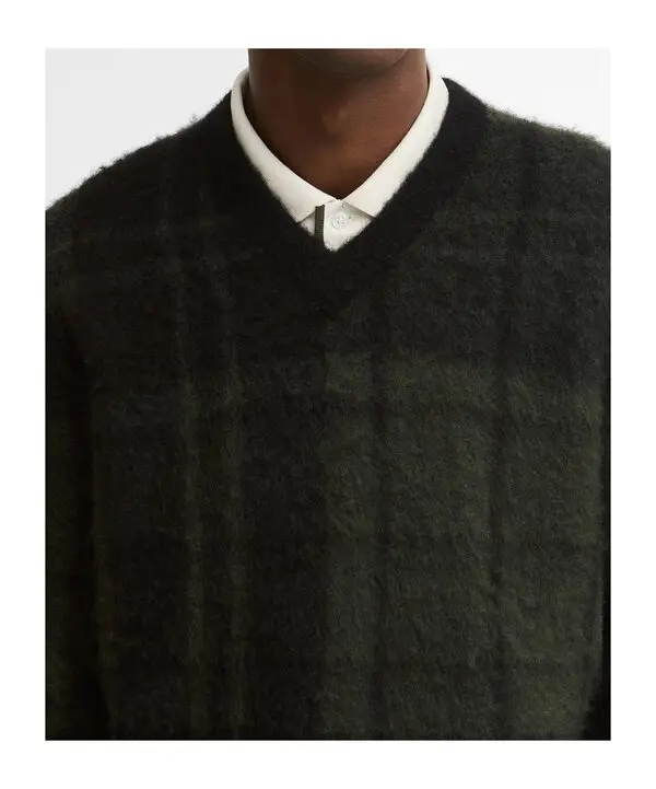 Barbour V-neck Plaid Fuzzy Knit Sweater