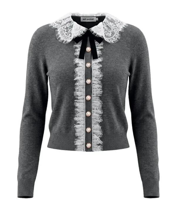SELF-PORTRAIT Cardigan With Lace Collar And Bow Detail