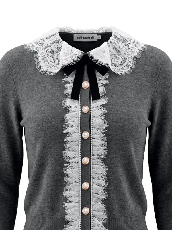 SELF-PORTRAIT Cardigan With Lace Collar And Bow Detail