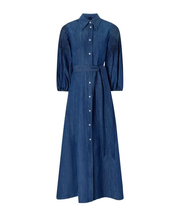Pinko Shirred Belted Denim Dress - Dark Blue