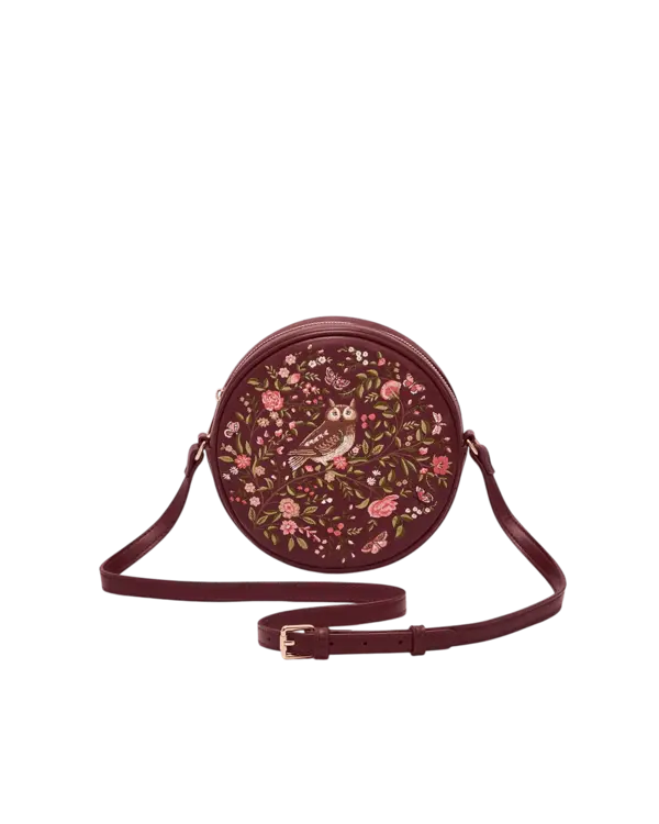 FABLE ENGLAND Chloe Owl Embroidered Circle Bag In Burgundy - Red
