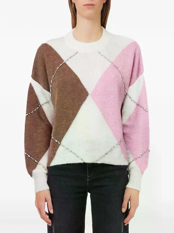 Liu Jo Argyle Crystal-embellished Sweater - Neutrals