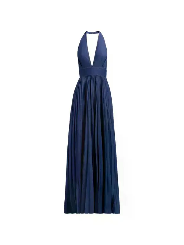 Elie Saab Pleated Halterneck Denim Maxi Dress - Blue