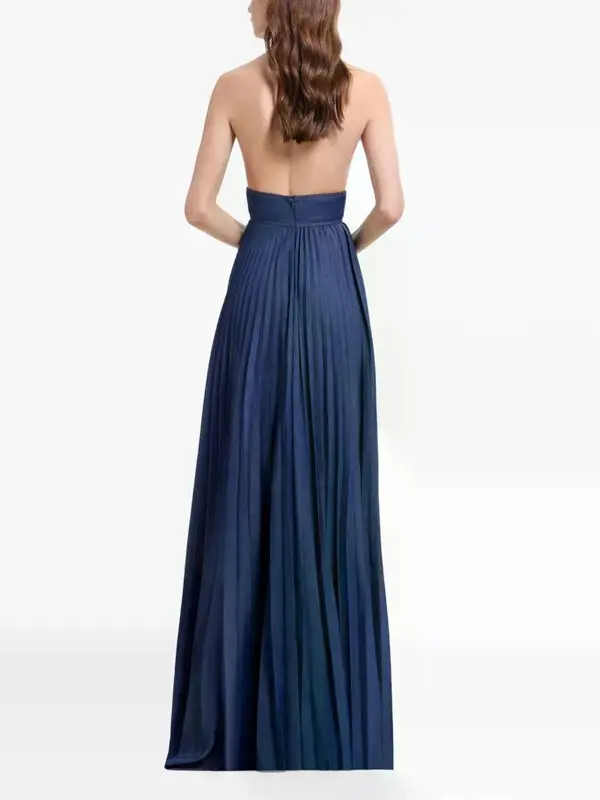 Elie Saab Pleated Halterneck Denim Maxi Dress