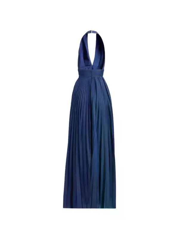 Elie Saab Pleated Halterneck Denim Maxi Dress