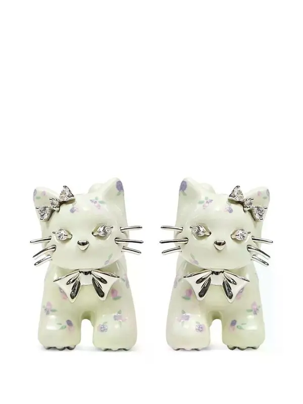 YVMIN Floral-print Cat-motif Earrings - White