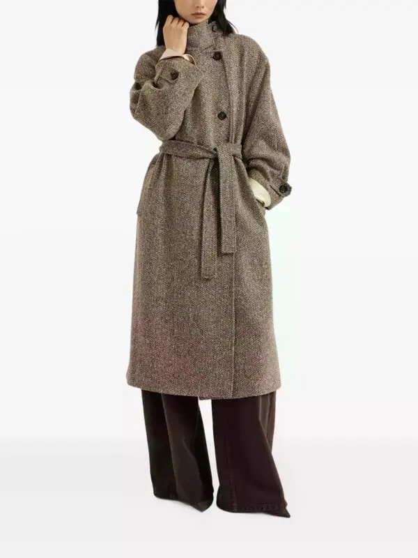 Brunello Cucinelli Sparkling Virgin-wool Chevron Belted Coat With Monili