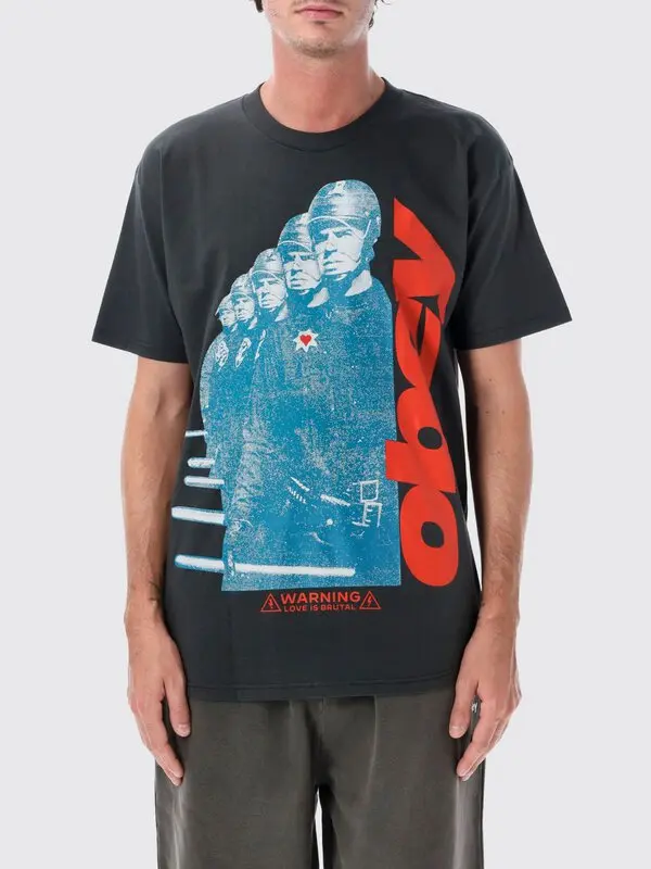Obey Crewneck T-shirt In Pure Cotton With Graphic Print And Contrasting Logo - Black