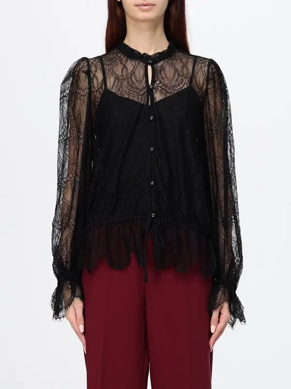 TWINSET Long-sleeved Lace Shirt With Mandarin Collar And Drawstring Waist - Black