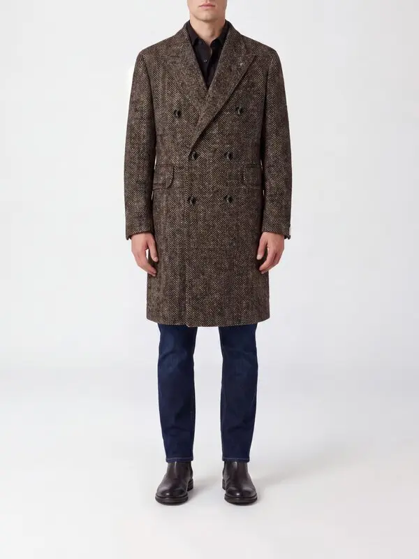 Tagliatore Knee-length Double-breasted Coat With Chevron Pattern In Wool Blend