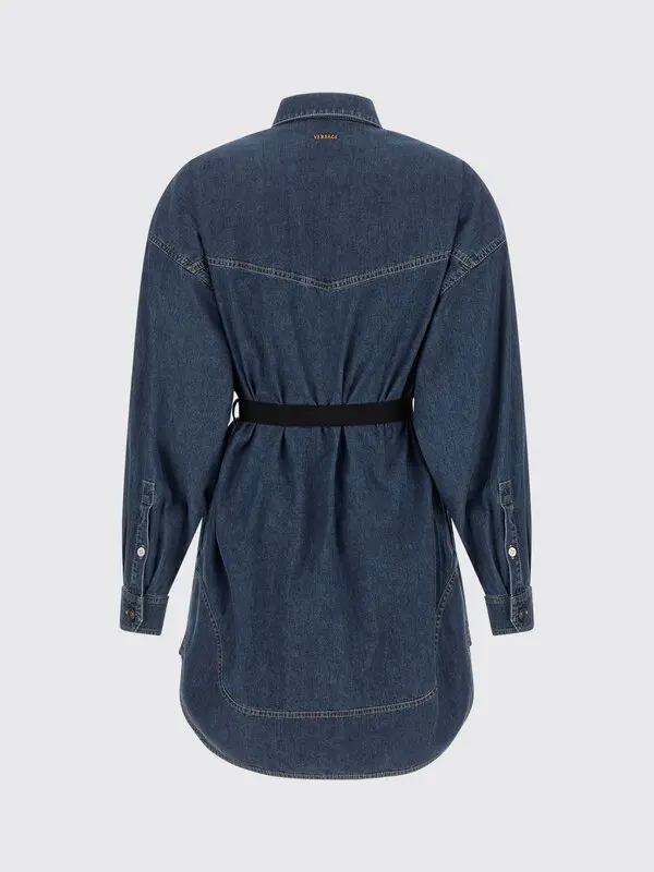 Versace Denim Cotton Mini Shirt Dress With Waist Belt