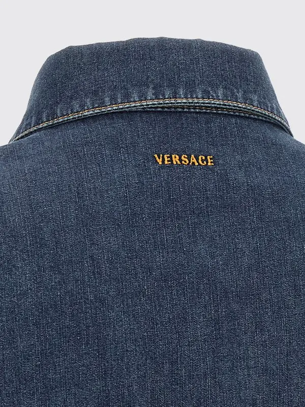 Versace Denim Cotton Mini Shirt Dress With Waist Belt