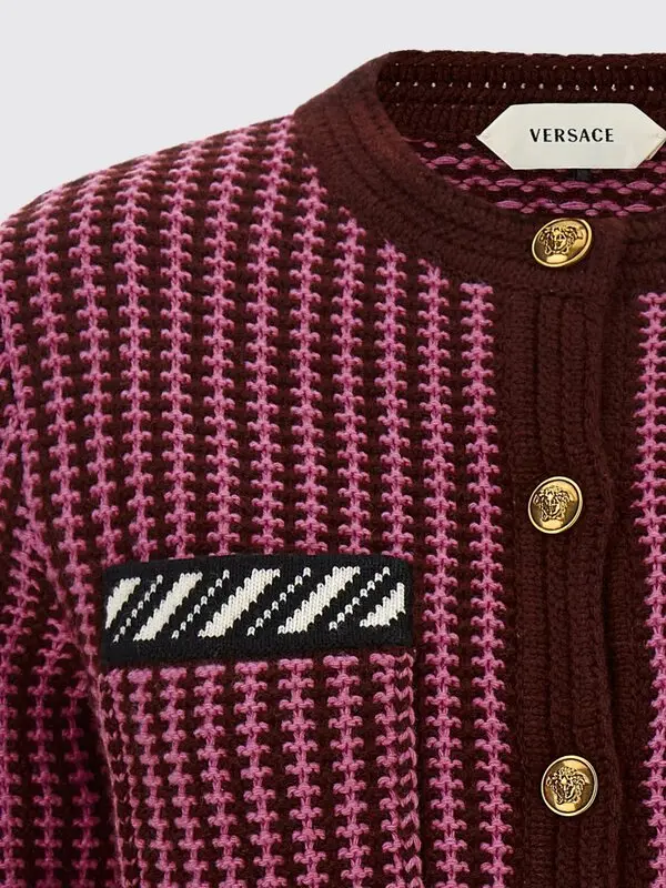Versace Striped Virgin Wool Crewneck Cardigan With Patch Pockets