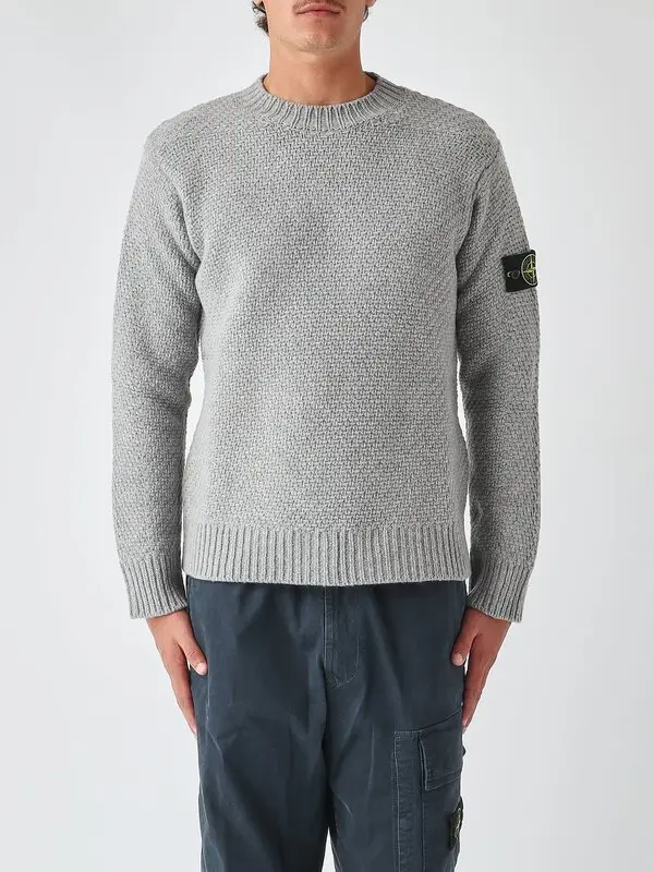 Stone Island Virgin Wool Blend Crewneck Sweater With Compass Logo Patch - Grey