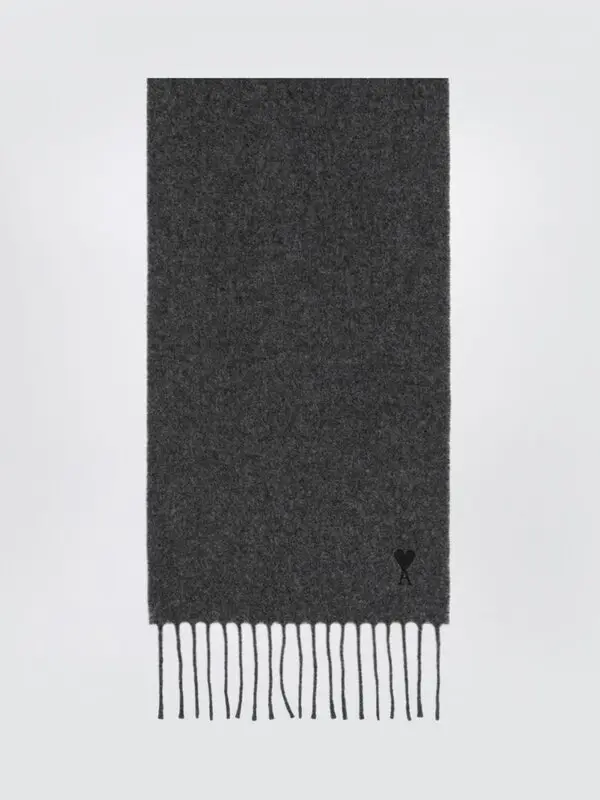 AMI Paris Pure Wool Scarf With Embroidered Logo And Fringed Edges - Grey
