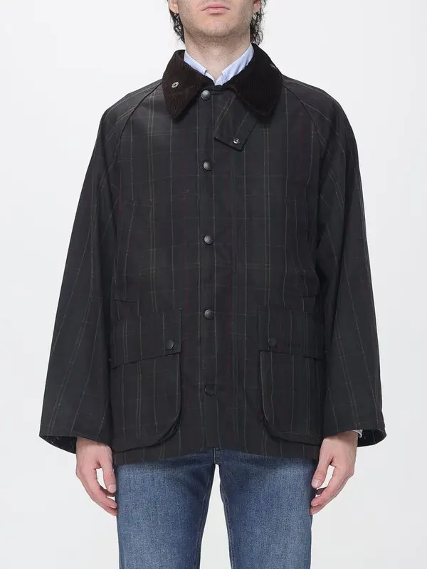 Barbour Bedale Waxed Cotton Jacket With Velvet Collar And Tartan Pattern