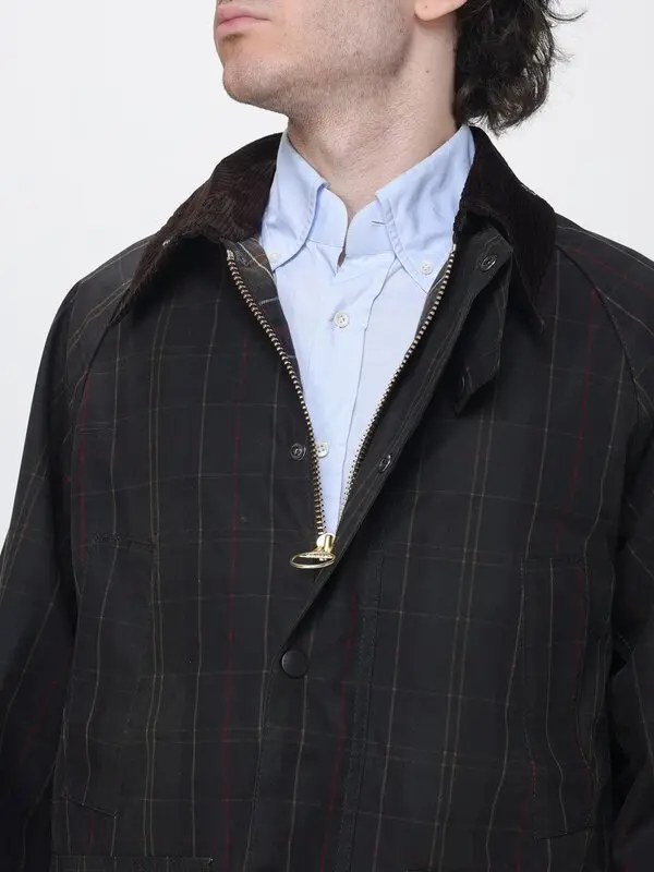 Barbour Bedale Waxed Cotton Jacket With Velvet Collar And Tartan Pattern