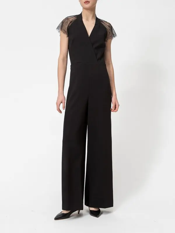 TWINSET Elegant Viscose Blend Jumpsuit With V-neck And Lace Inserts - Black