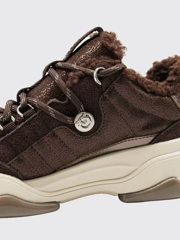 Pinko Athena Crackled-effect Leather Sneakers With Soft Shearling Lining