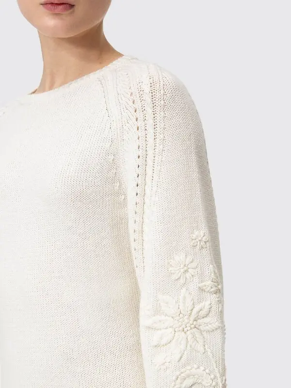 TWINSET Slim Fit Floral Detail Wool Blend Knit Mini Dress - Pearl