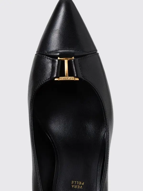 TWINSET Smooth Leather Court Shoes With High Stiletto Heel And Metallic Logo