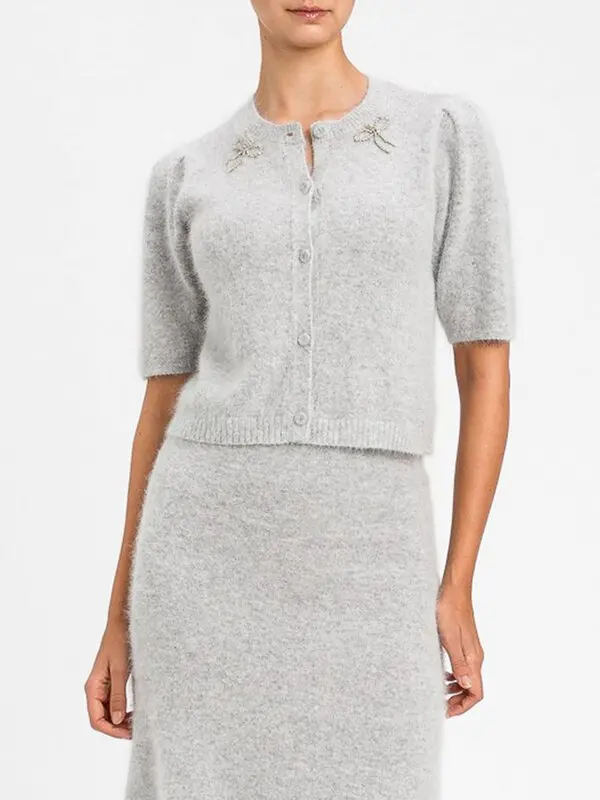 TWINSET Wool Blend Cardigan With Puff Sleeves And Crystal Embellishment