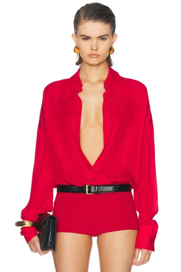 MONOT Drape Front Silk Blouse