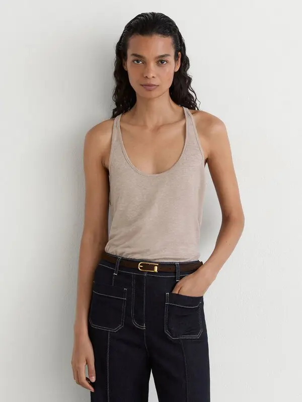 REISS Lidie Linen Racer-back Vest - Stone