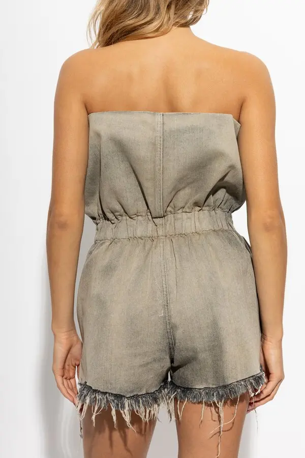 Rick Owens Asymmetric Strapless Washed Gray Denim Jumpsuit
