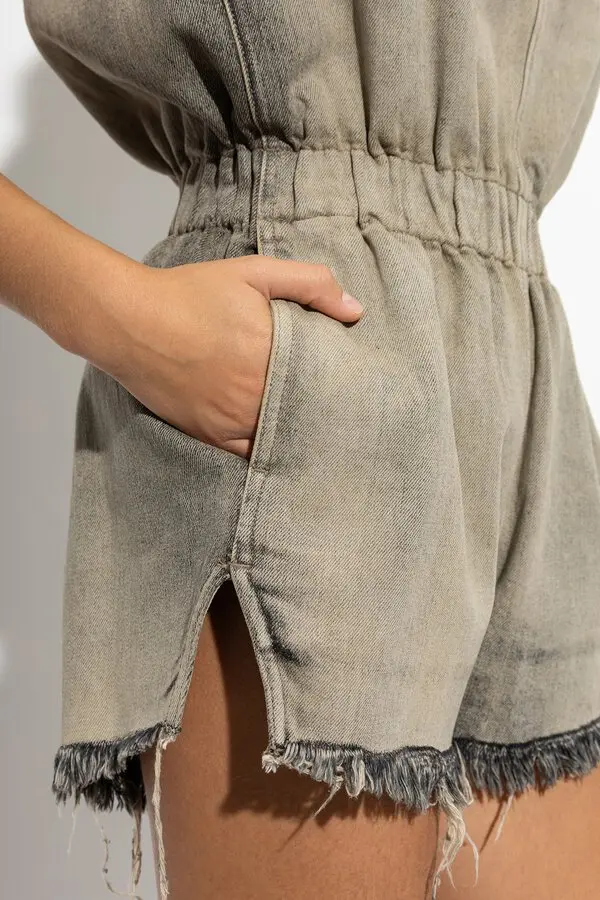Rick Owens Asymmetric Strapless Washed Gray Denim Jumpsuit
