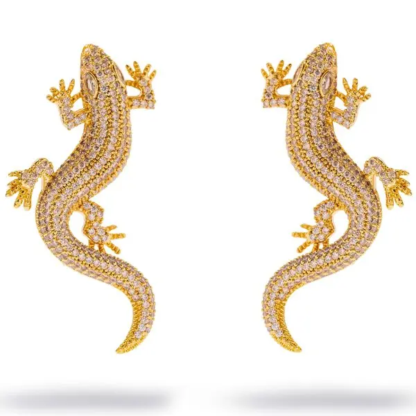 EBRU JEWELRY Lucky Gecko Pave Zircon Statement Earrings - Gold