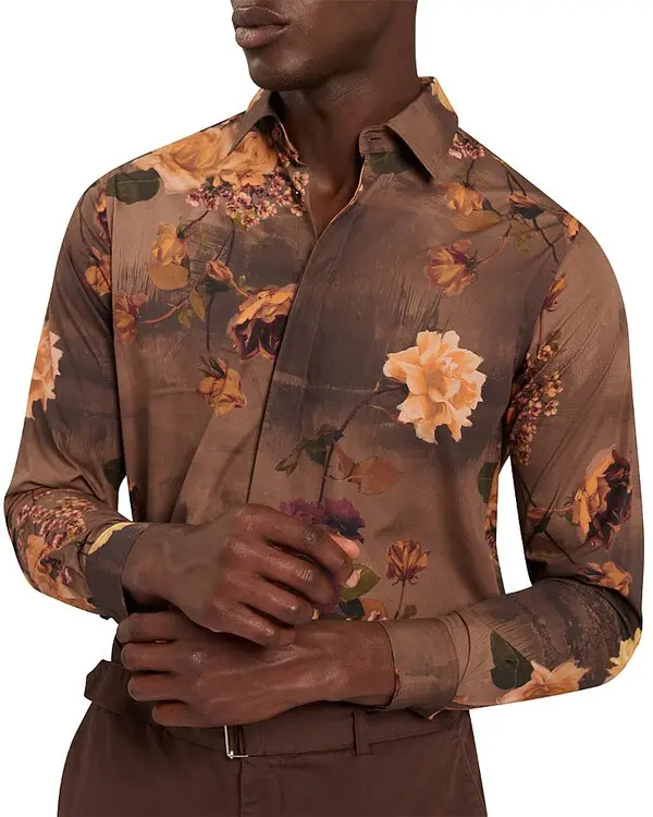 Ted Baker London Hadwin Relaxed Painted Floral Print Shirt - Olive