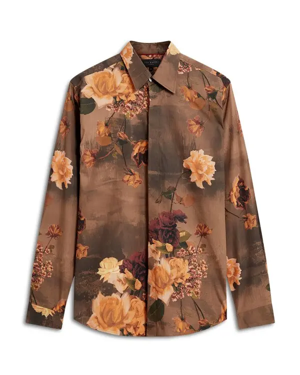 Ted Baker London Hadwin Relaxed Painted Floral Print Shirt - Olive