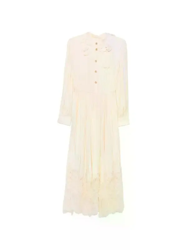 SELF-PORTRAIT Floral-embellished Pleated Lace-trim Midi Dress - Neutrals