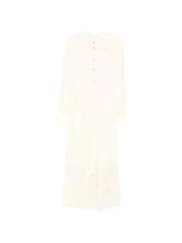 SELF-PORTRAIT Floral-embellished Pleated Lace-trim Midi Dress - Neutrals