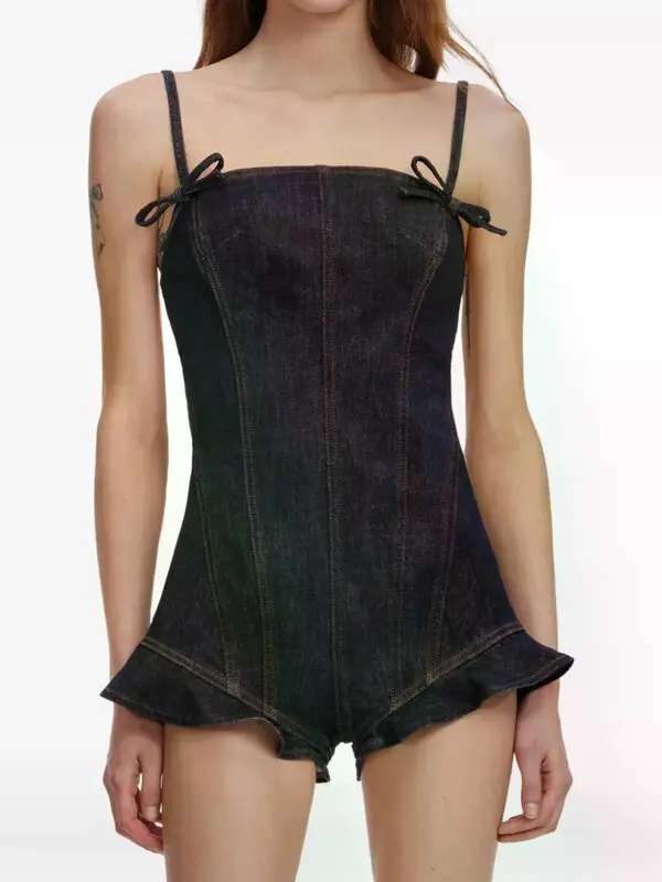 SELF-PORTRAIT Bow-details Denim Playsuit